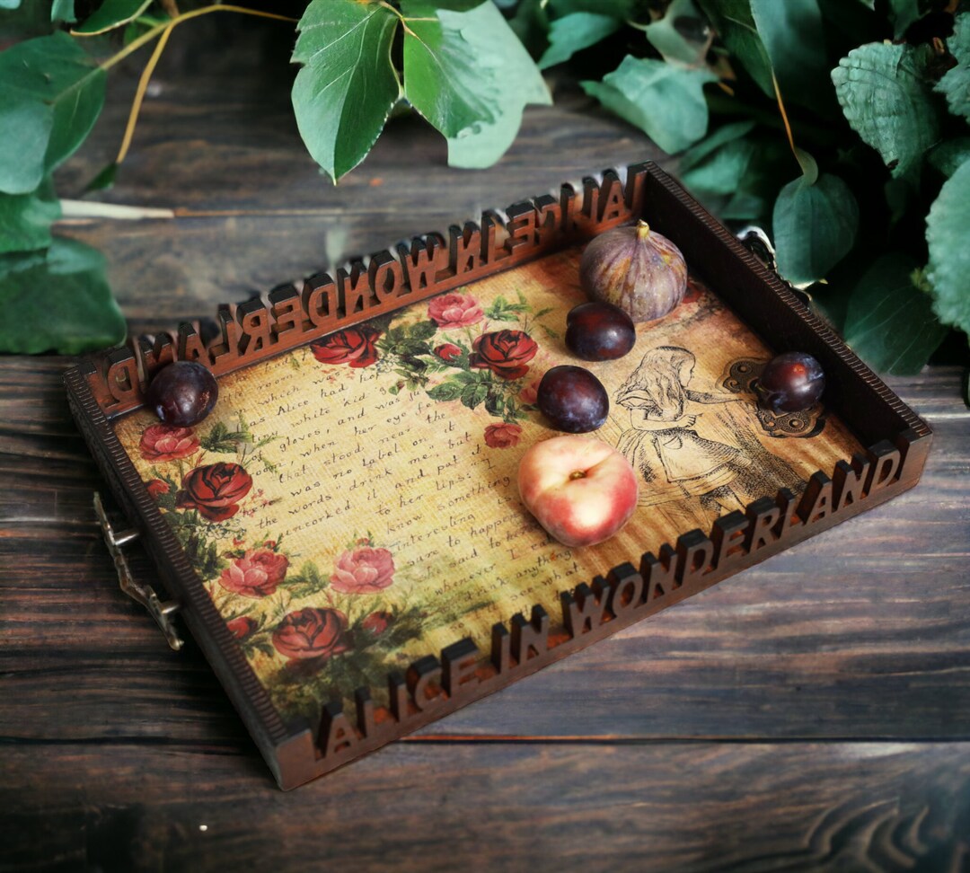 Wooden Serving Tray Alice in Wonderland Breakfast Coffee Table Tea Tray ...