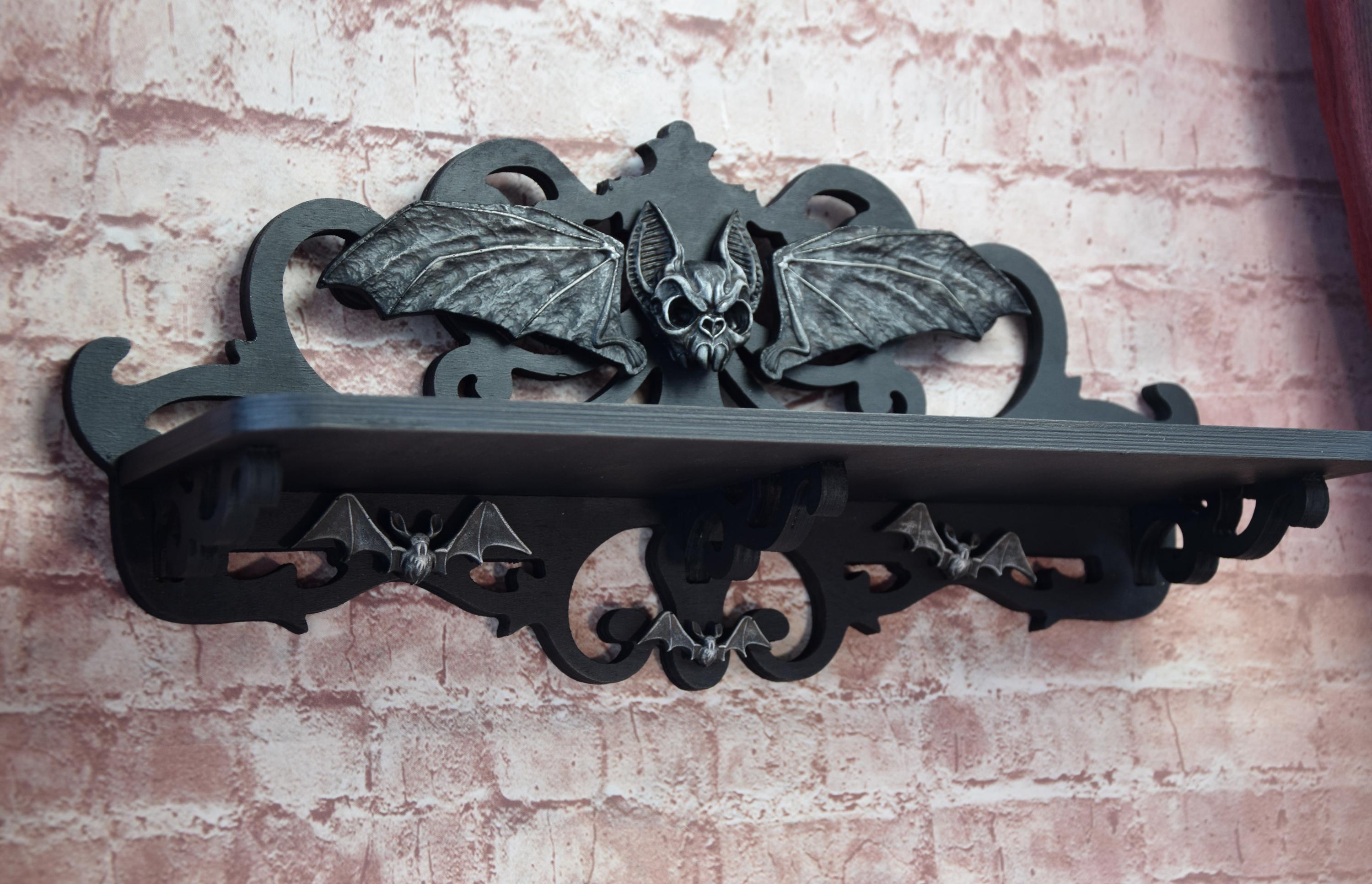 Gothic Black Wall Shelf With Skull and Bat Wings – Carved Wooden ...