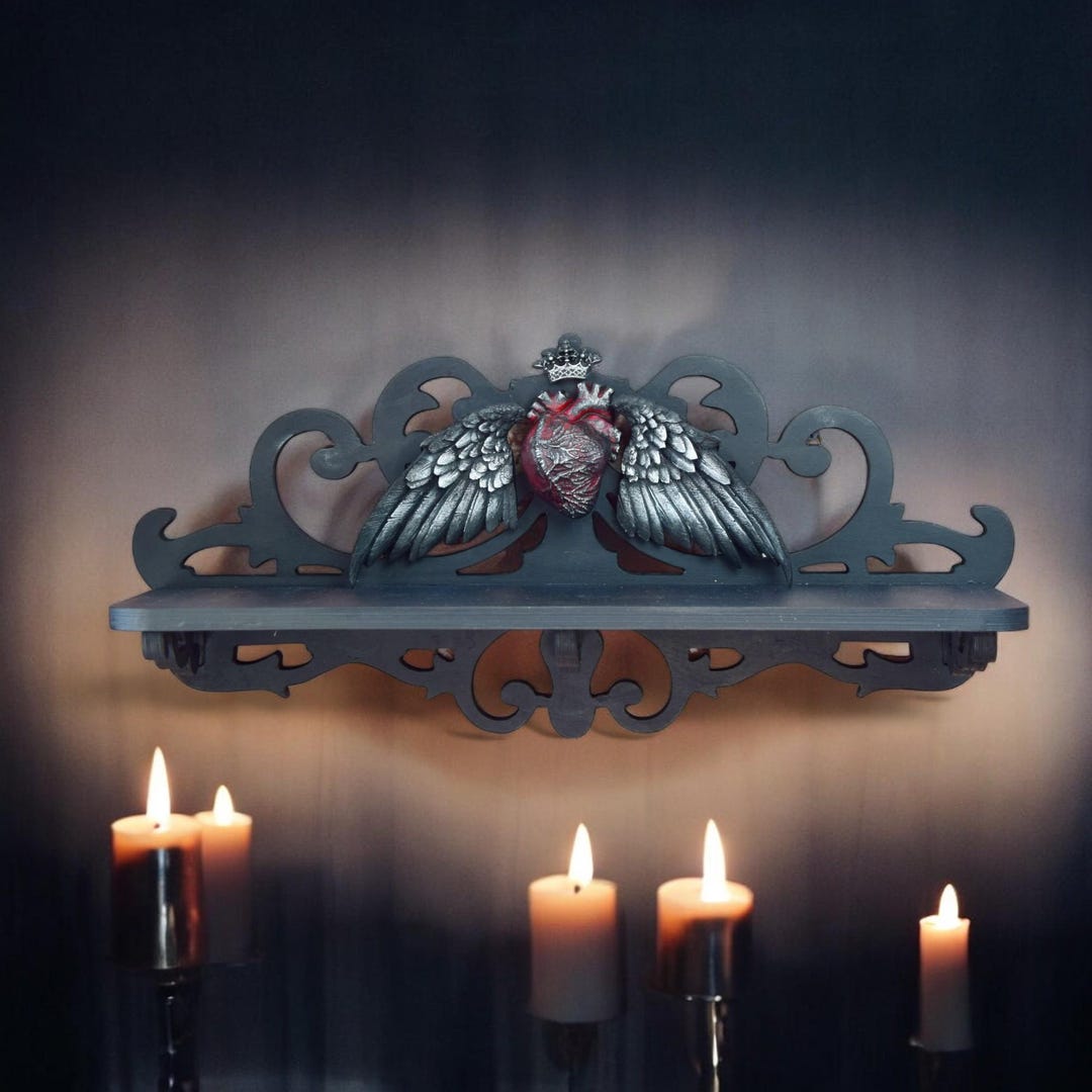Gothic Black Wall Shelf: Red Heart & Raven Wings, Alchemical Decor - Etsy