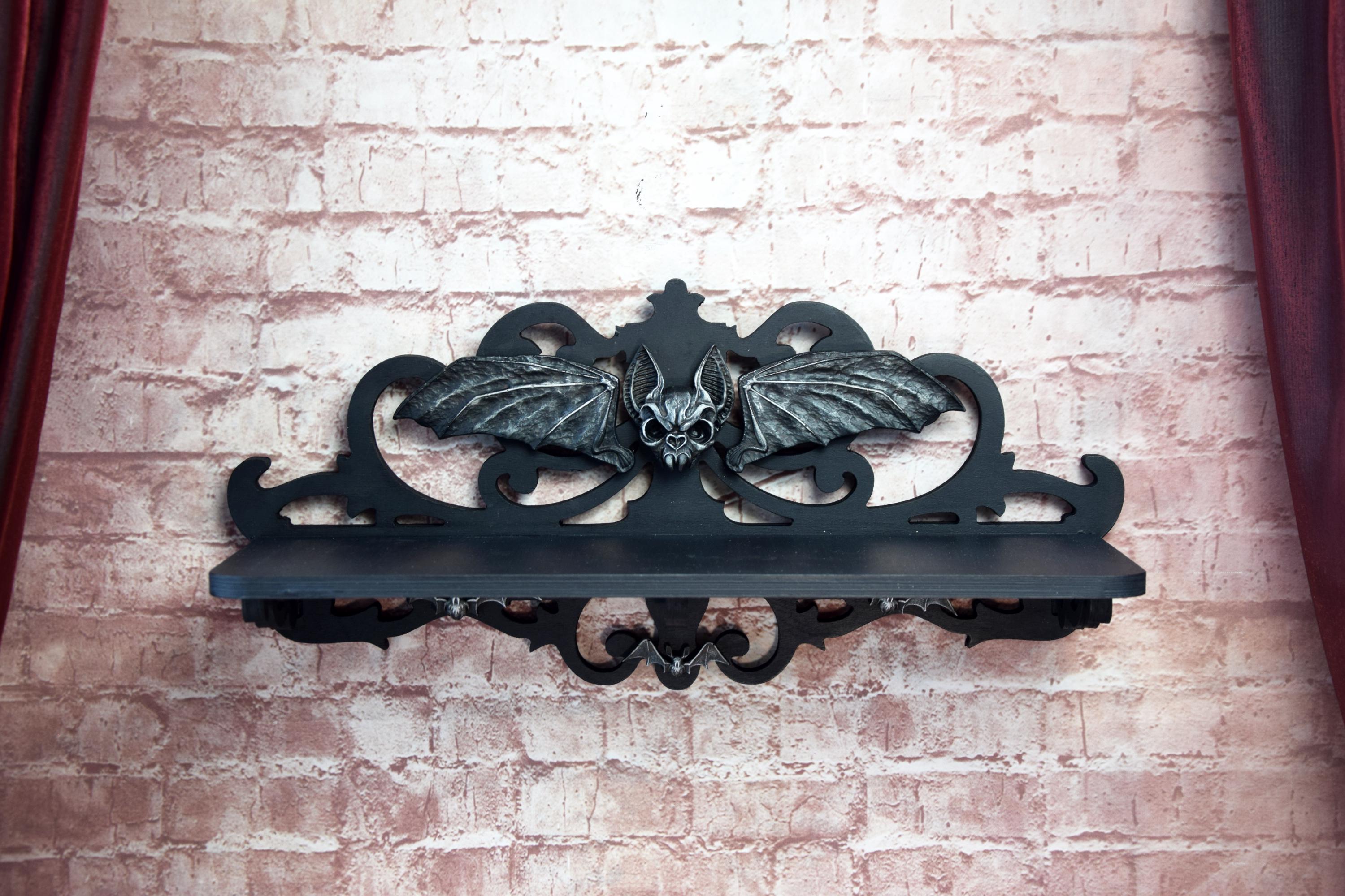 Gothic Black Wall Shelf With Skull and Bat Wings – Carved Wooden ...