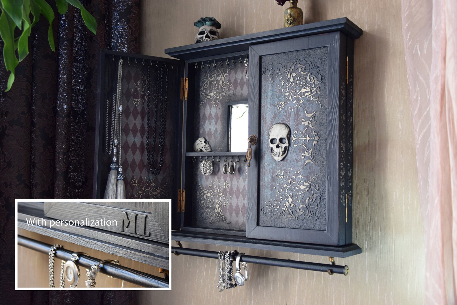 Gothic Home Decor Wall Cabinet With Doors Skull Decor Skeleton ...