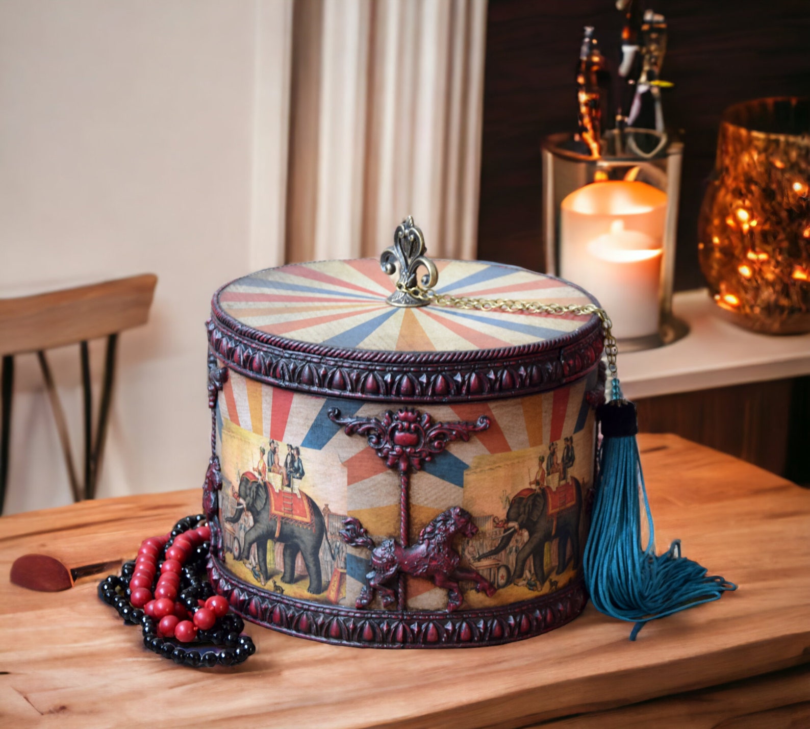 Gift for Her Large Wooden Round Box With Circus Carousel Horses ...