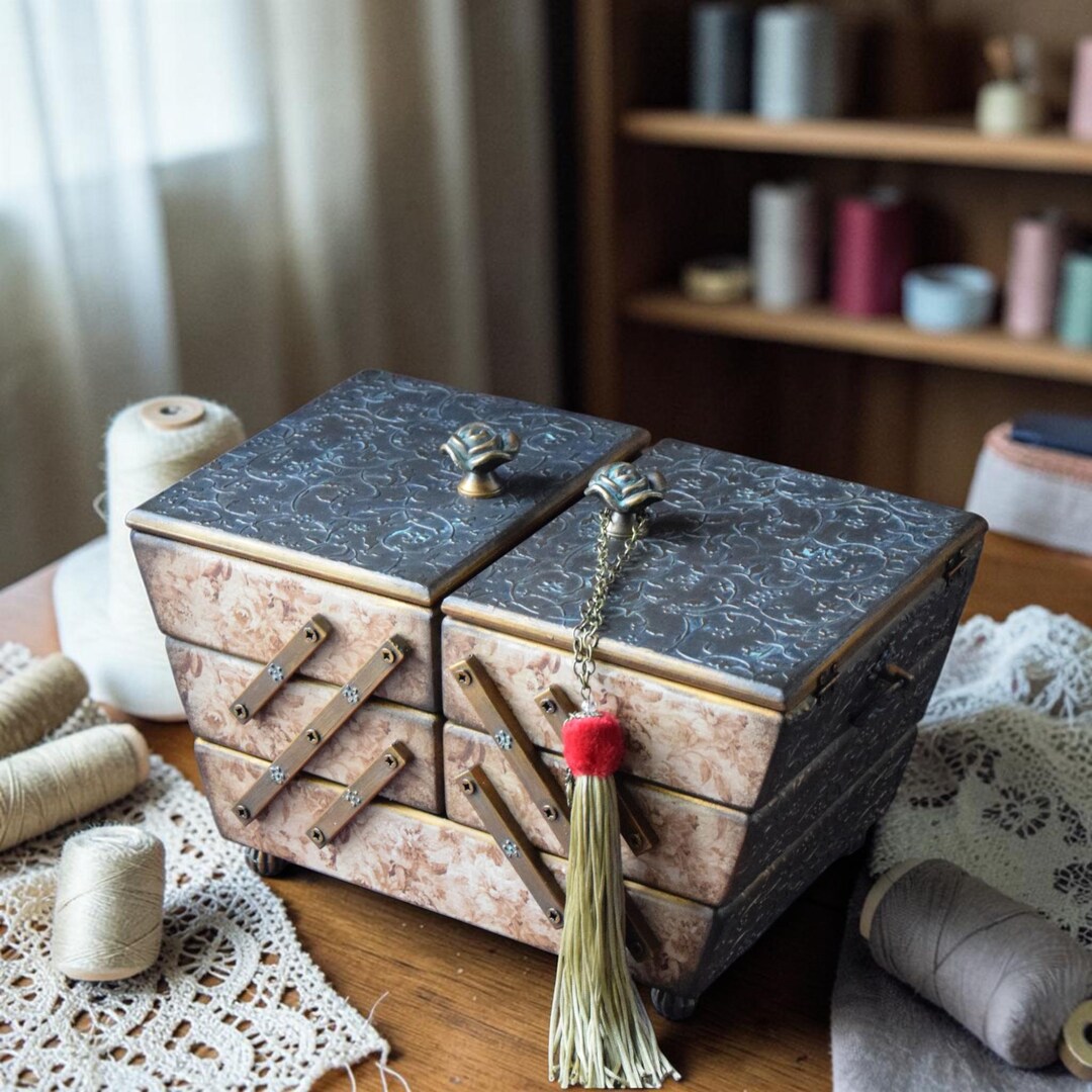 Expandable Sewing Box Wooden Organizer Jewelry Storage Craft Box Old ...
