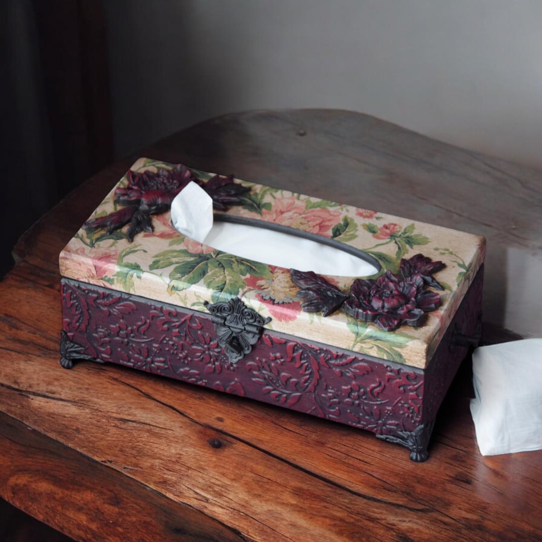 Tissue Box Cover Retro Floral Dark Red Peonies Old Fashioned Wooden ...