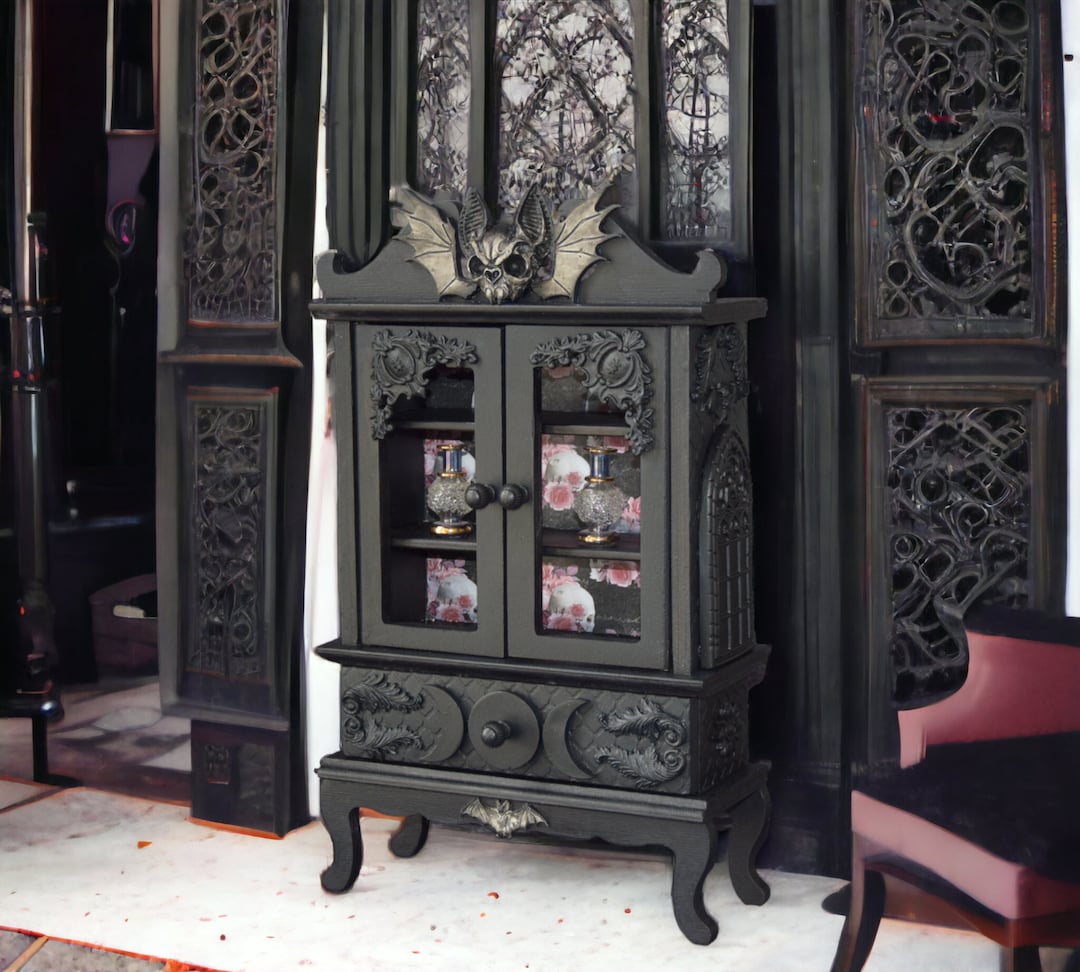 Gothic Home Decor Black Furniture Miniature Occultist Cabinet Bat Skull ...