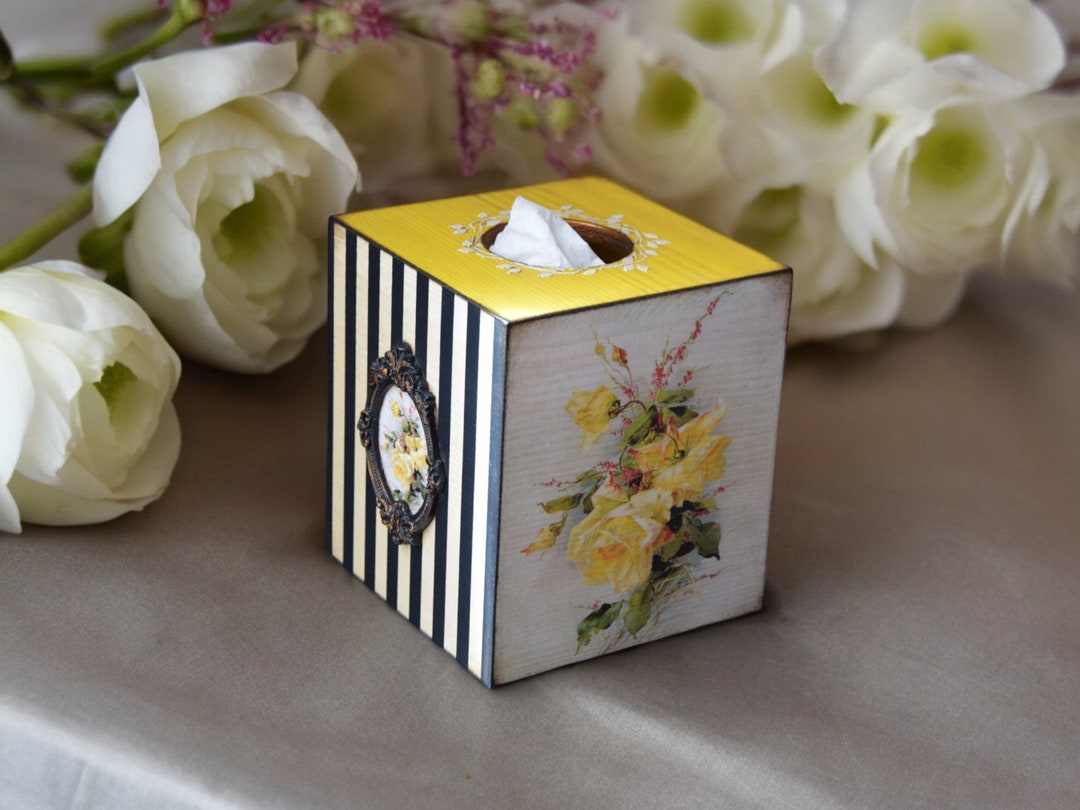 Tissue Box Cover Retro Floral Yellow Roses Old Fashioned Wooden ...