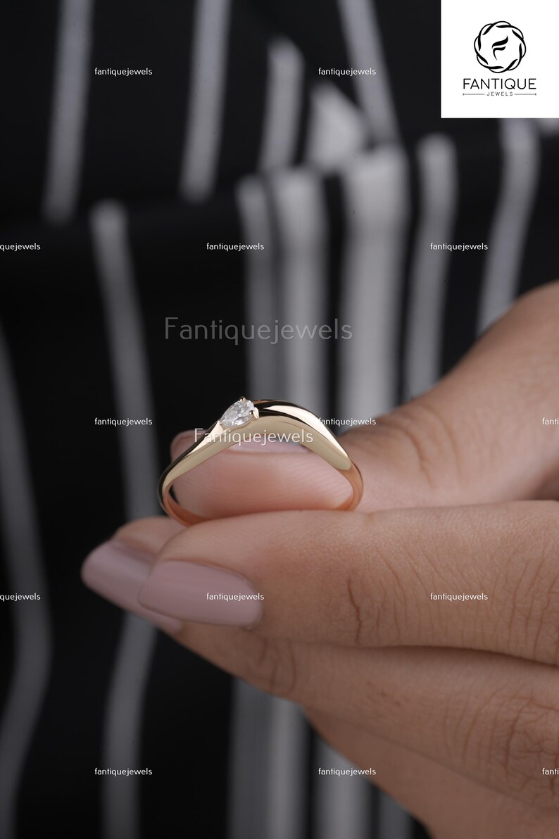 Curved Wedding Band, Pear Cut Lab Grown Diamond Ring, Caitlyn ...