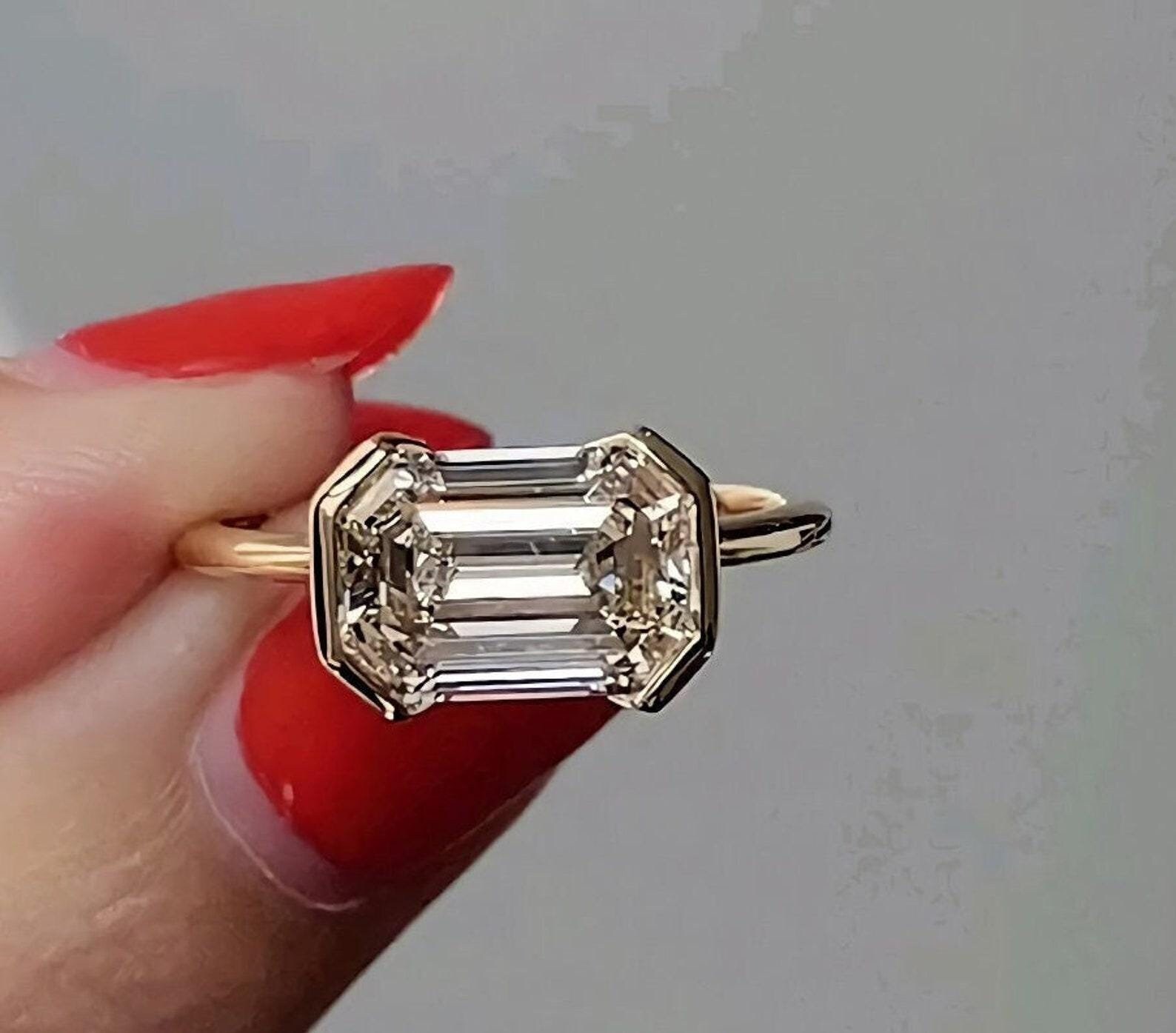 3 Carat Emerald Cut Half Bezel Set Diamond Engagement Ring, Lab Grown ...