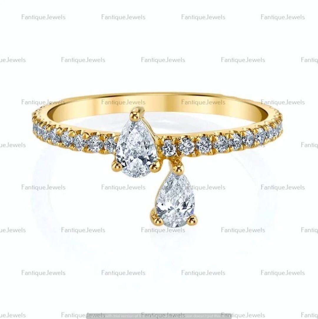 14k Gold Dangling Diamond Ring, Pear Cut Moissanite Diamond Charm ...