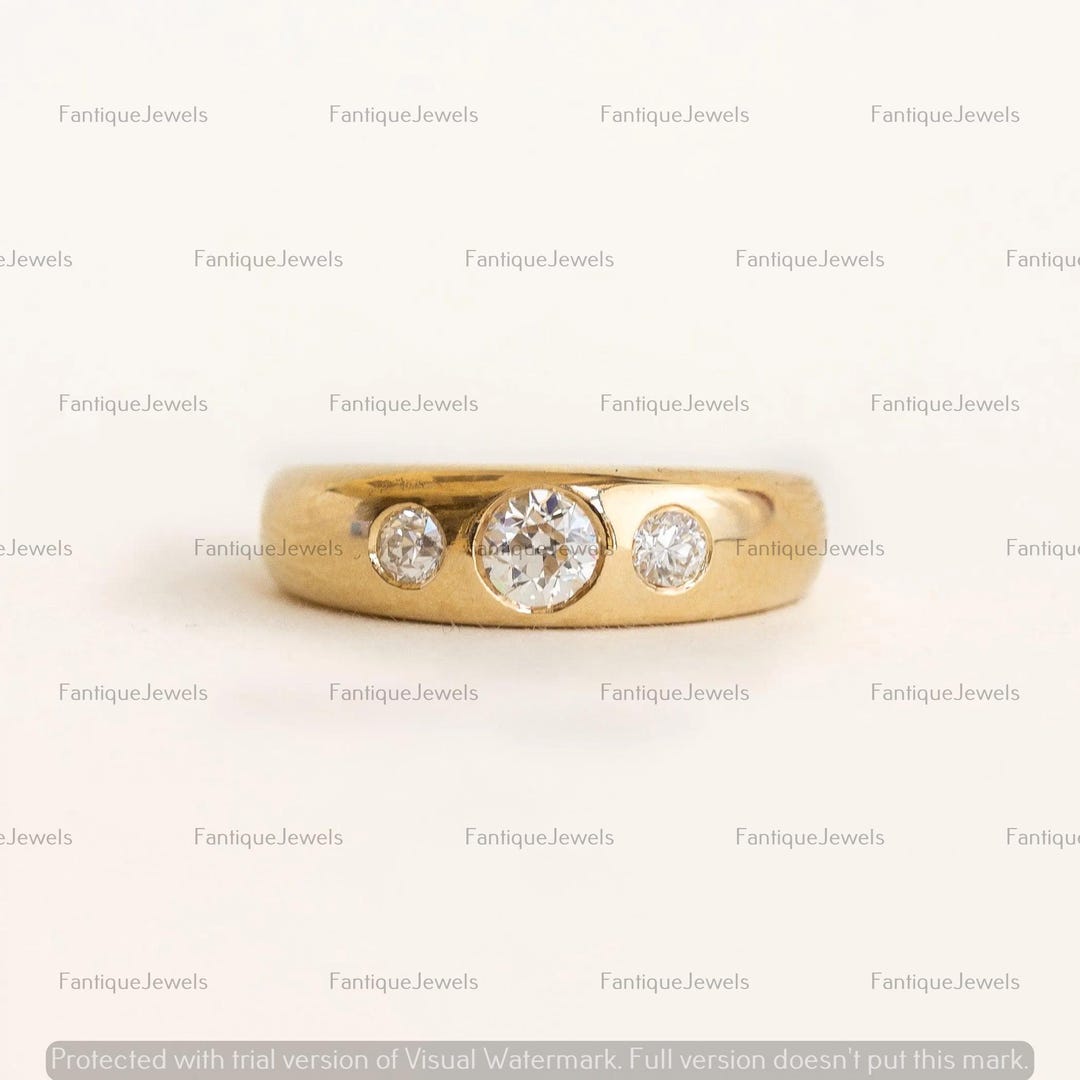 Men's Three Stone Flush Set Diamond Wedding Band, Beveled Edge Modern ...