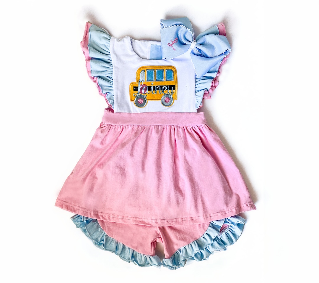 Monogrammed School Bus Outfit Girls Ruffle Shorts First Day Back to ...