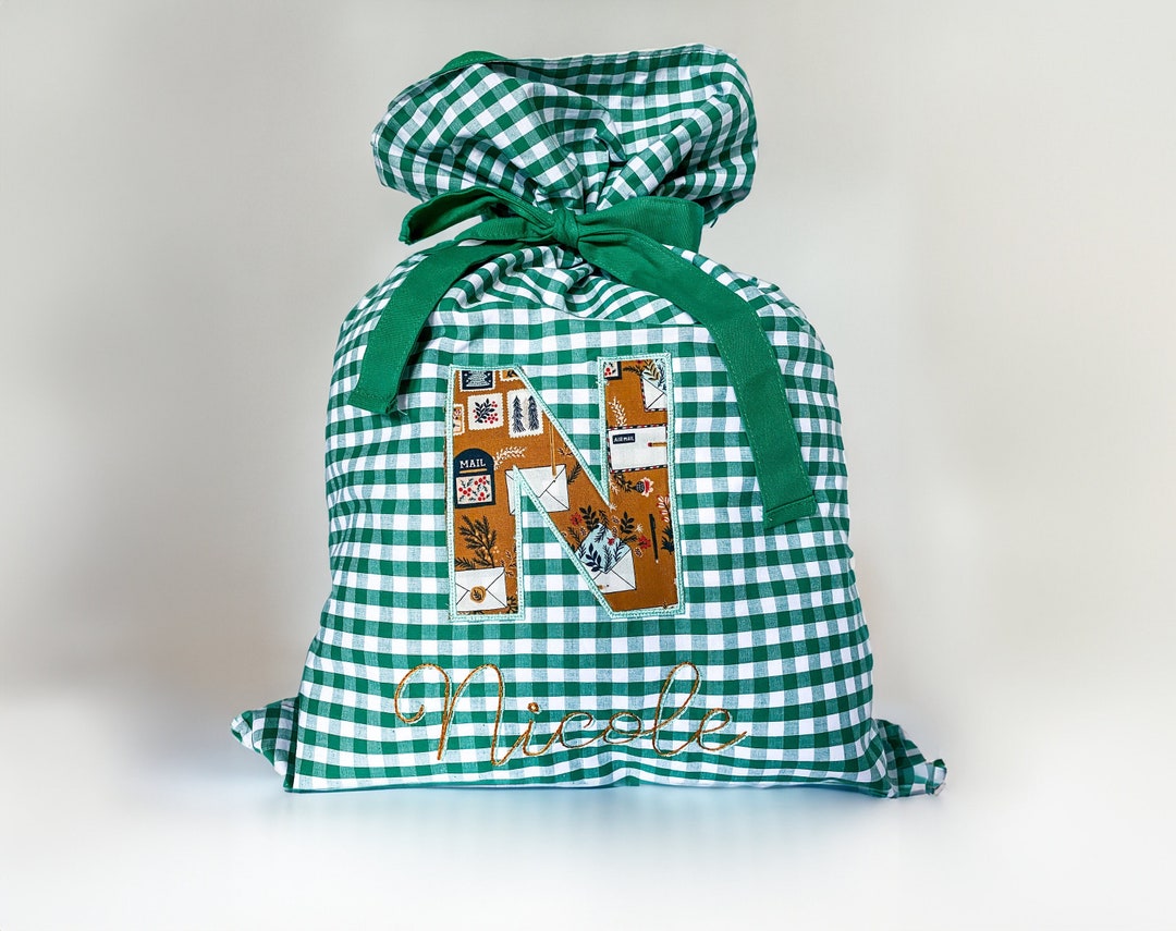 Monogrammed Custom Embroidered Santa Sack, Gingham Santa Sack, Green ...