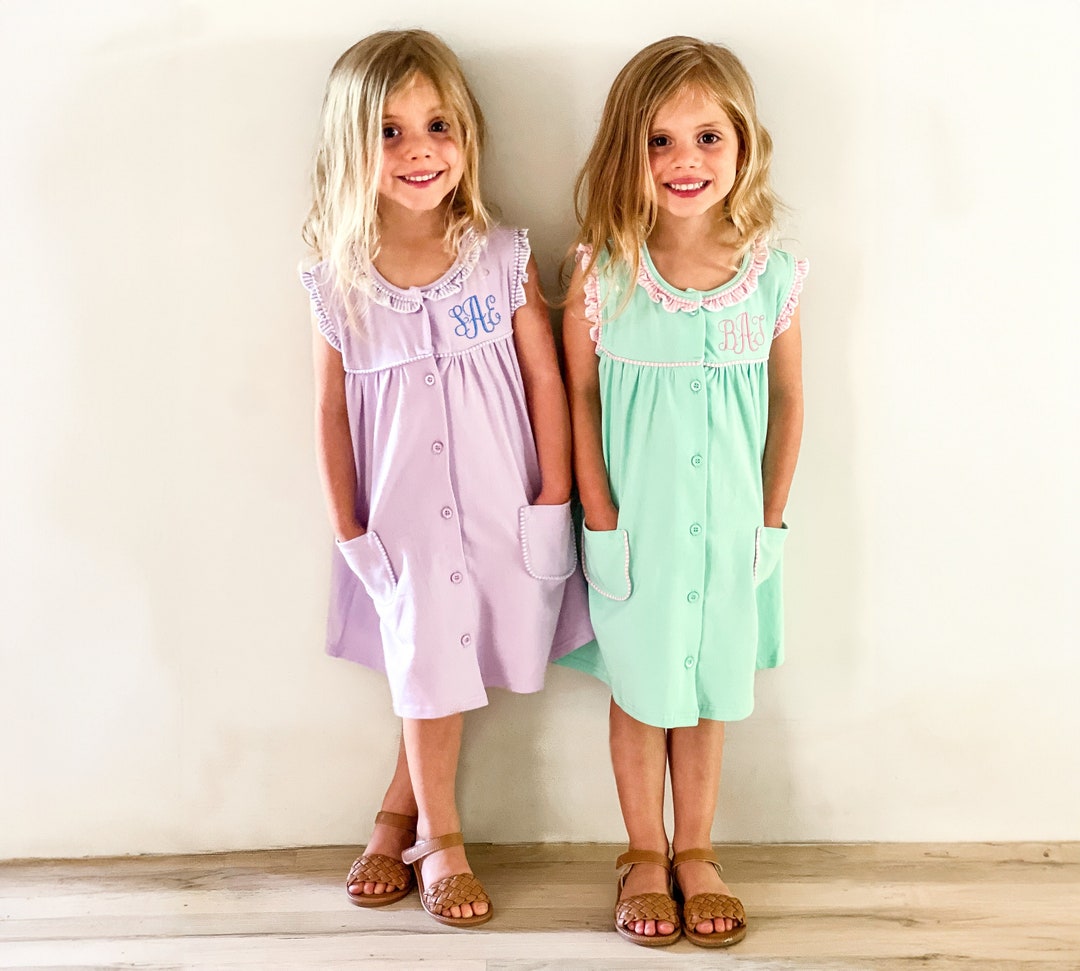 Girl's Button Front Monogrammed Dress With Pockets, Ruffle Detail ...