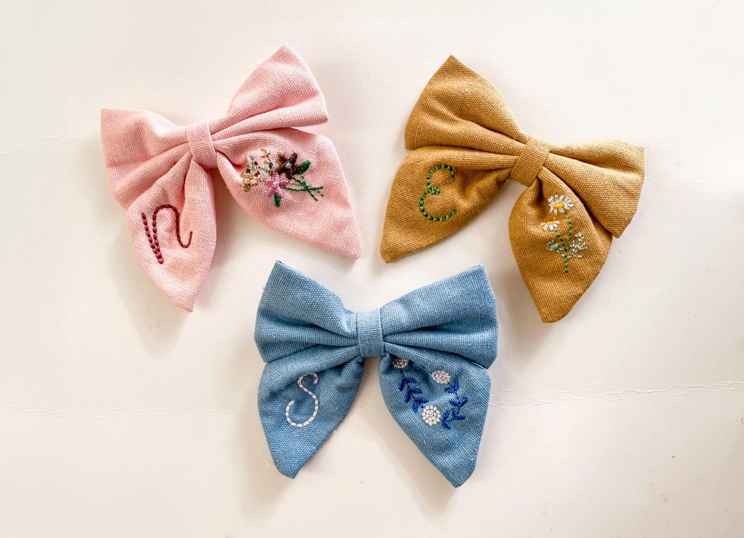 Embroidered Linen Hair Bow Personalized Initial Flowers Custom Name ...