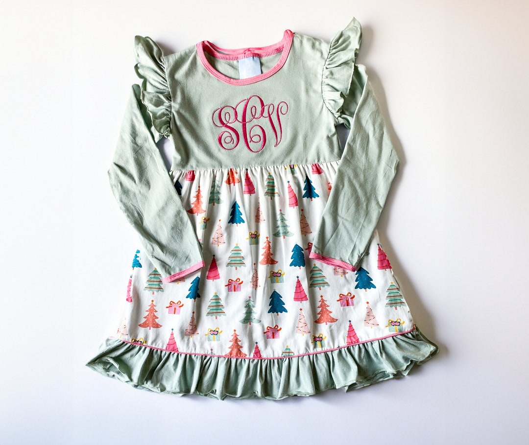 Girl's Festive Christmas Tree Cotton Ruffle Christmas Dress, Custom ...
