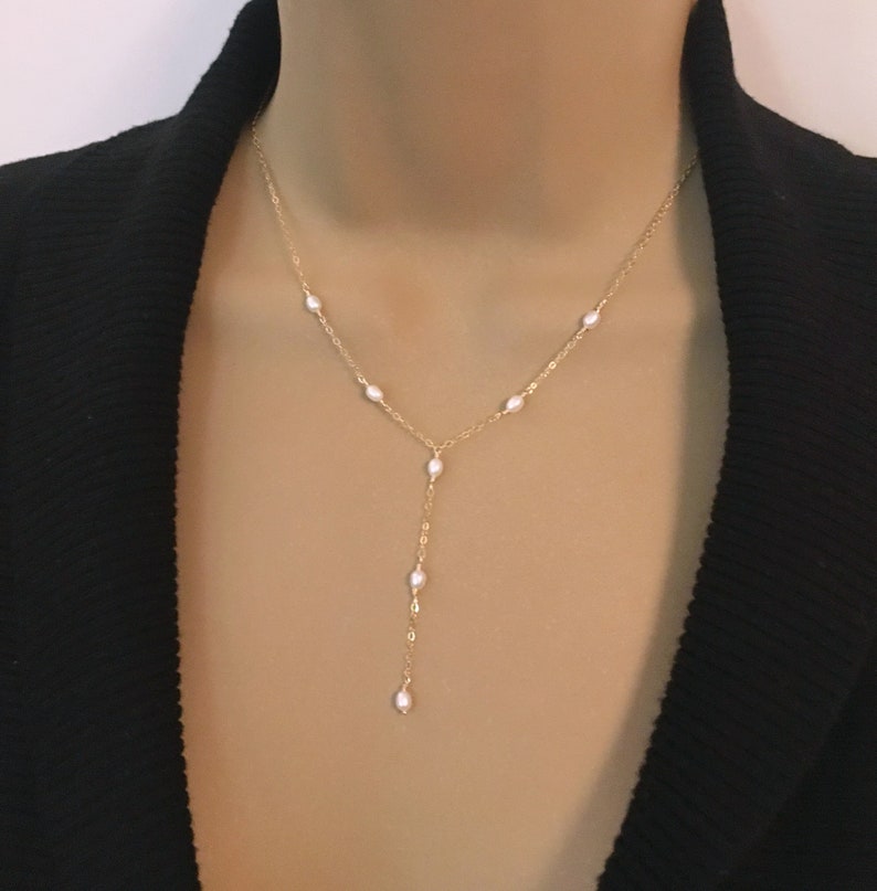 Freshwater Pearl Lariat Necklace Delicate Y Necklace Gold Etsy