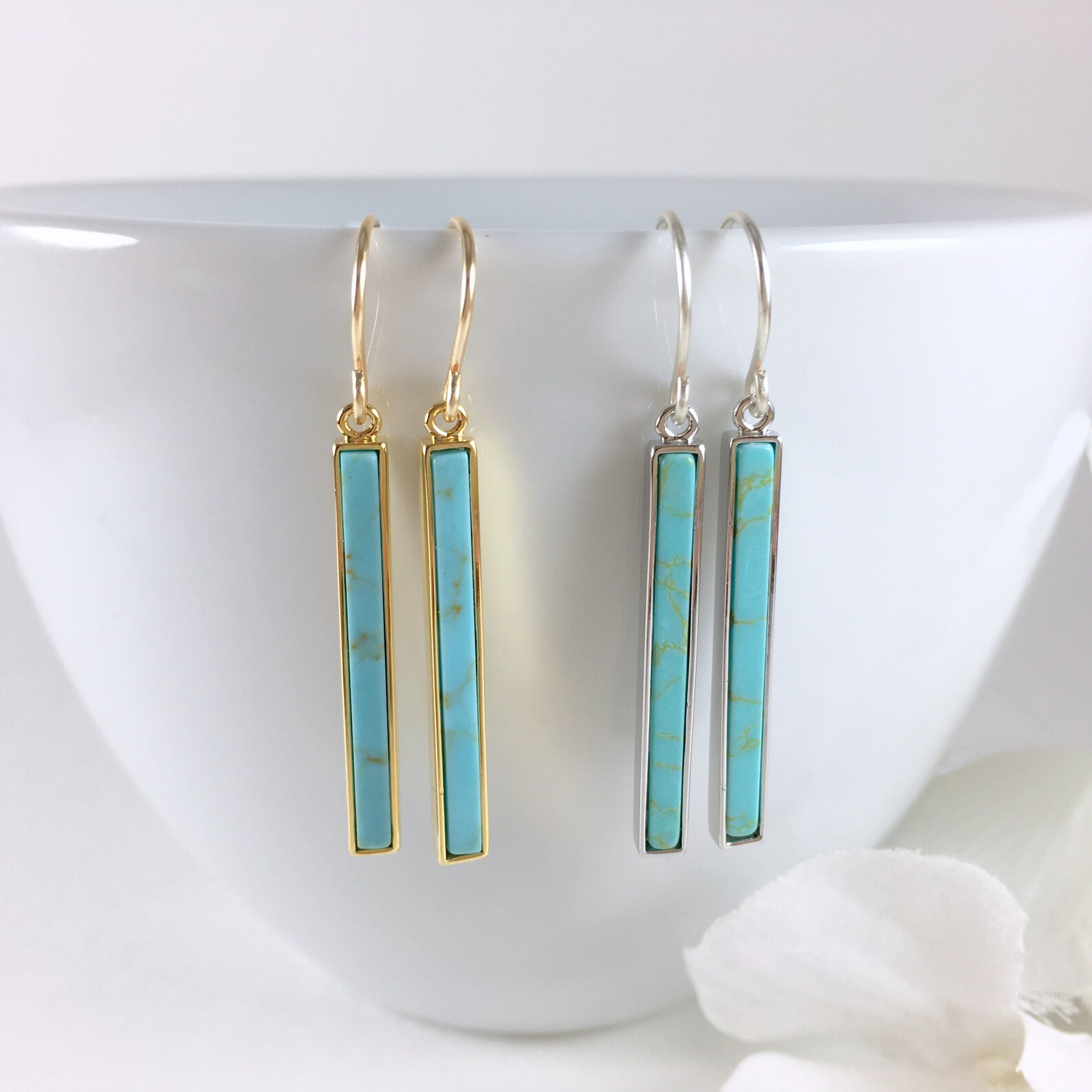 Turquoise Bar Earrings Gold Turquoise Pendant Earrings | Etsy