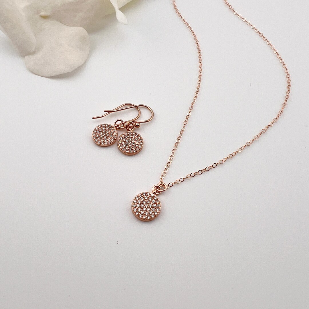 Disc Necklace, Cubic Pave Disc Pendant, Rose Gold Jewelry Set, Coin ...