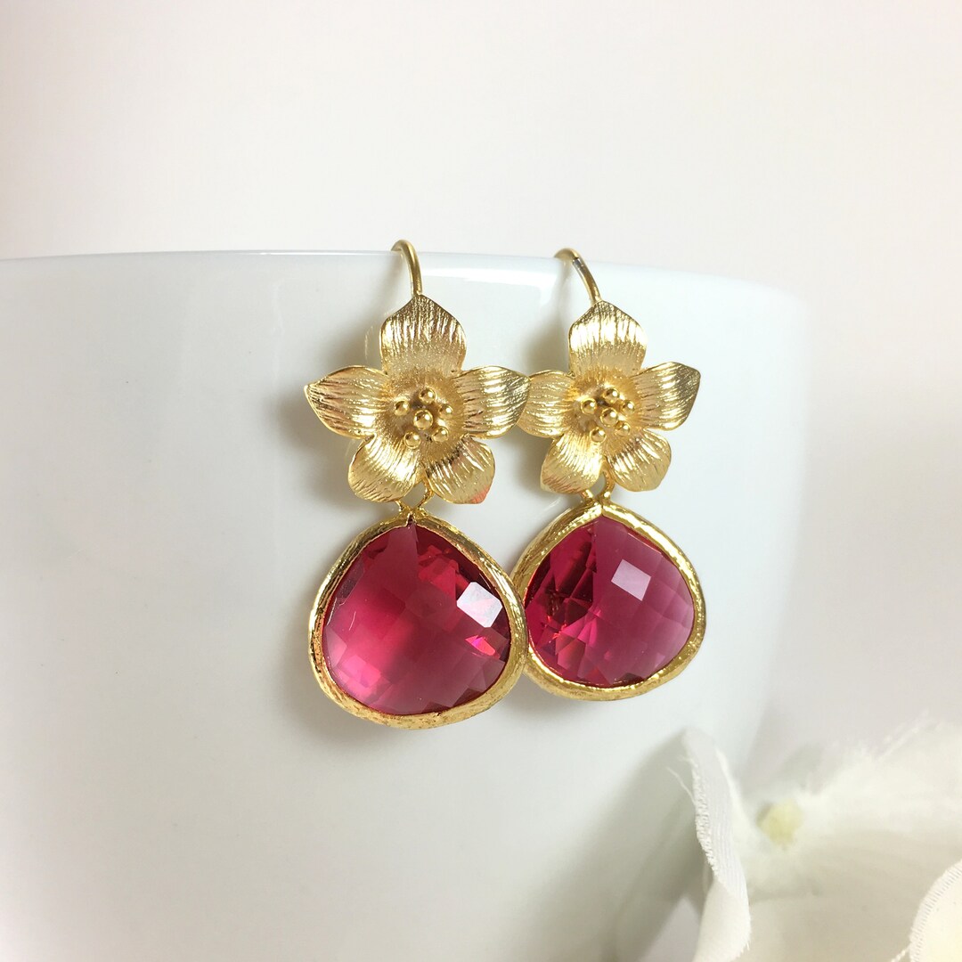 Ruby Earrings Gold Flower Ruby Red Teardrop Earrings Ruby - Etsy