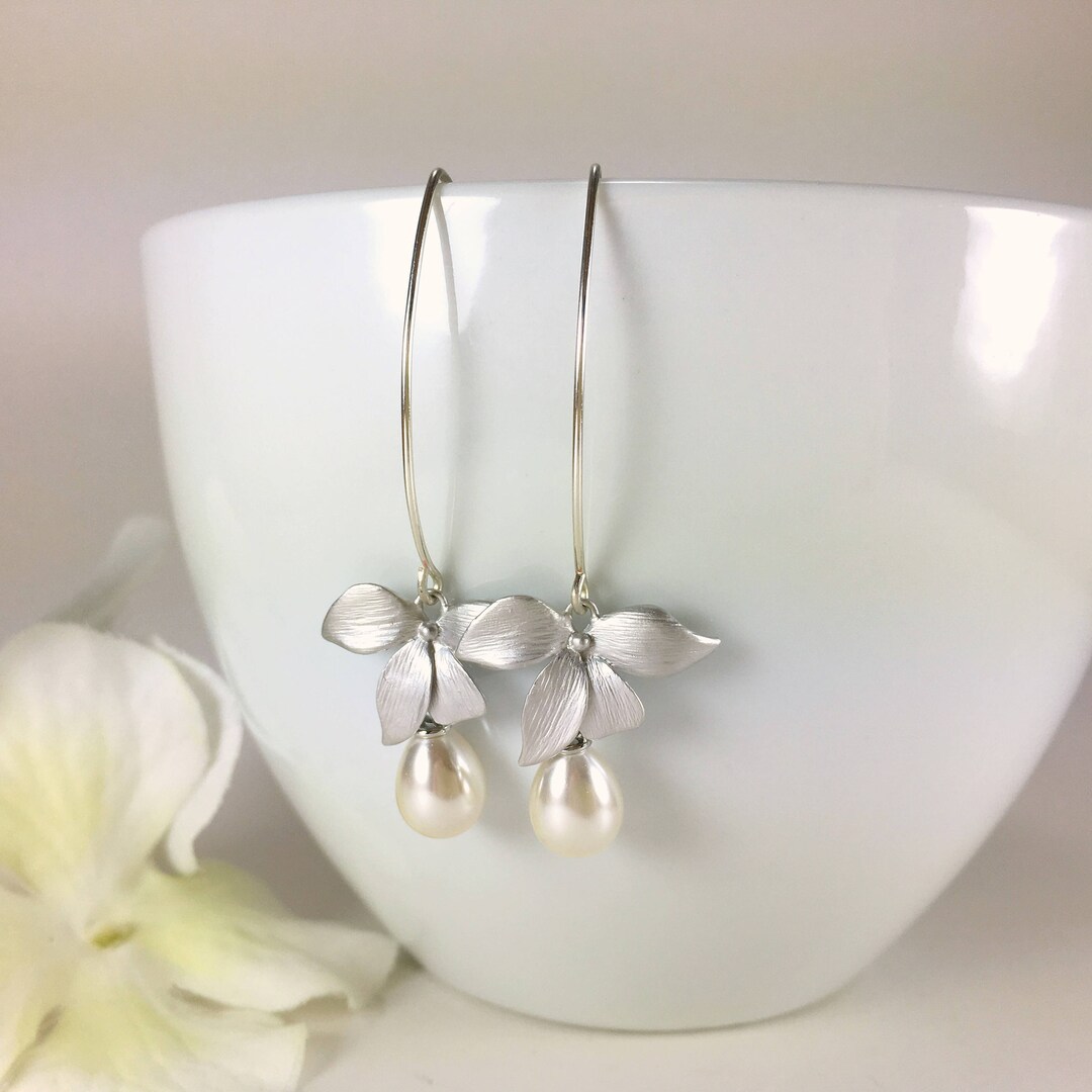 Pearl Drop Earrings Silver Flower Pearl Dangle Earrings Wedding Jewelry ...