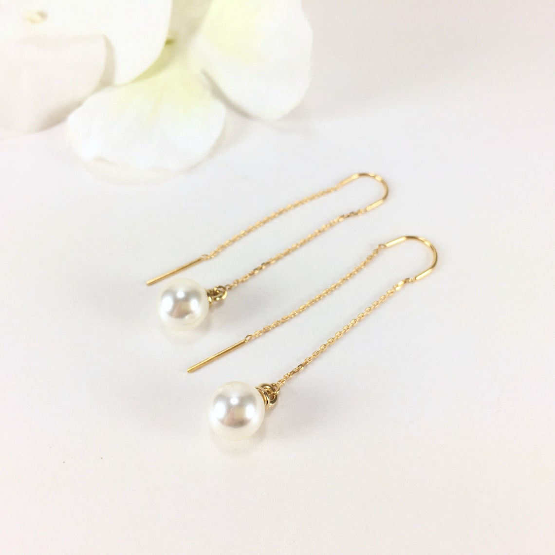Pearl Threader Earrings Gold Chain Earrings Gold Threader - Etsy