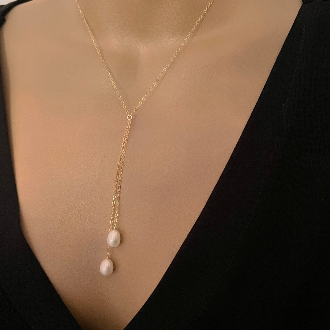 Freshwater Pearl Lariat Necklace Delicate Y Necklace Gold Etsy