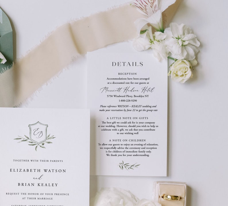 Olive Branch Crest With Monogram Invitation Set Template: Printable ...