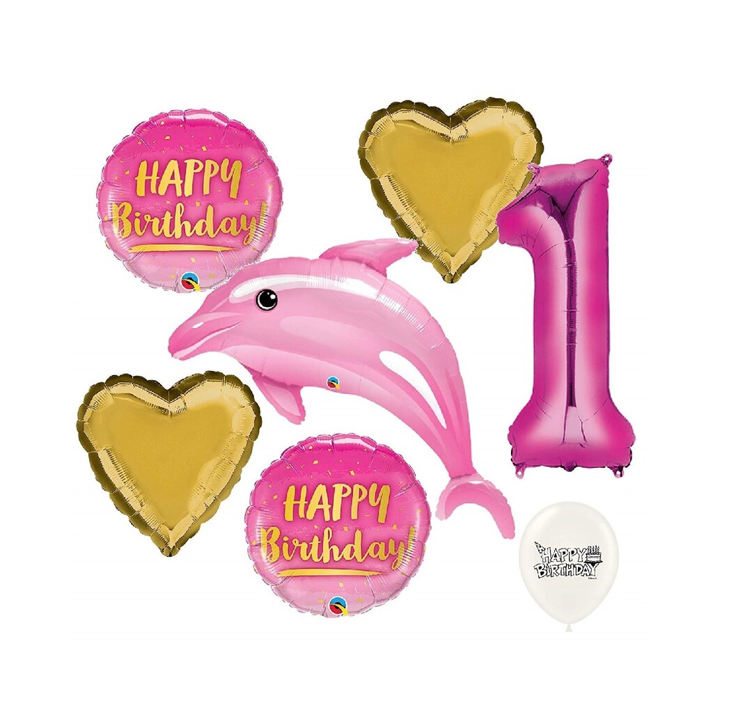 Pink Dolphin Happy Birthday Party Bouquet of Balloons With Pink Number ...