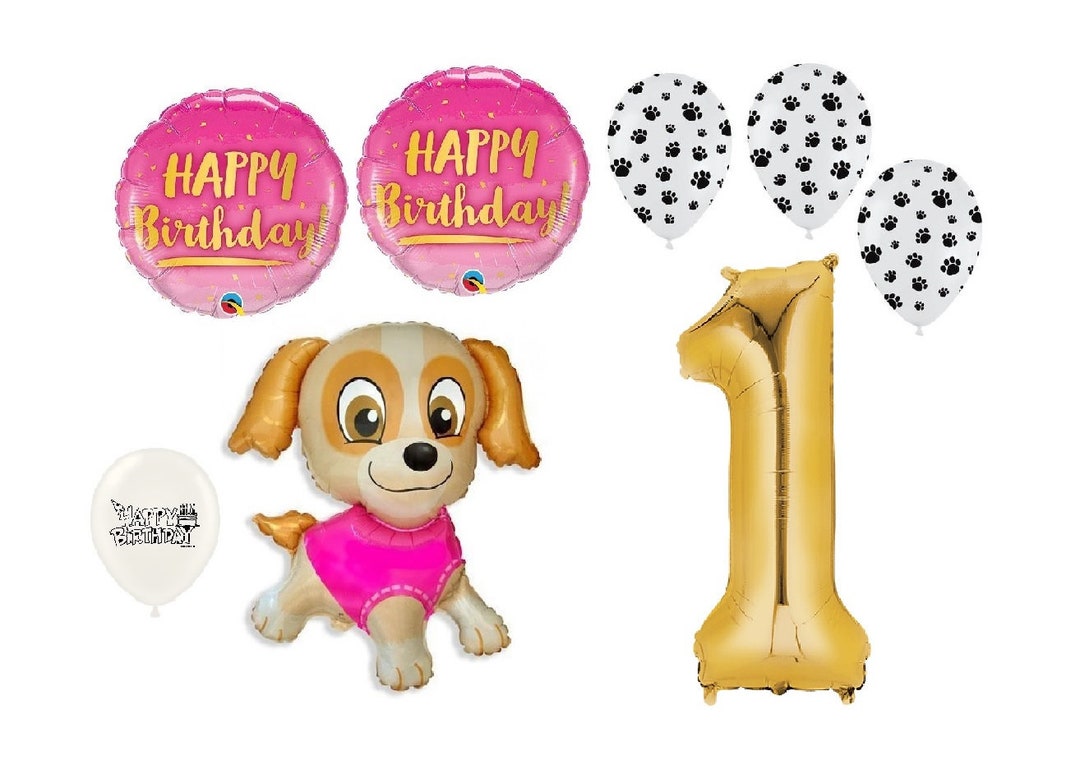 Puppy Dog in Pink Happy Birthday Party Bouquet of Balloons With Your ...