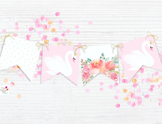 Swan & flowers Pink banner /swan party, swan party decor, swan banner ...