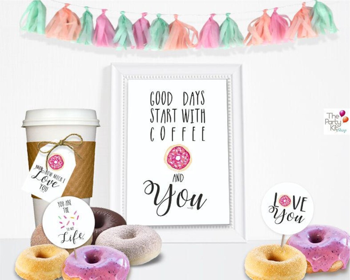Donuts & Coffee Valentine's SET - Printable Tags, Toppers and Sign ...