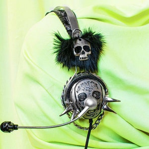 Custom Headset/headphones, Metal, Fur,skull, Upcycled, Cyber, Punk ...