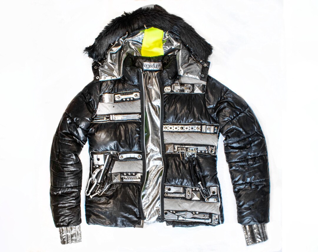 Upcycled Puffer Jacket, Hooded, Modular, Reflective, Metal, Studded ...