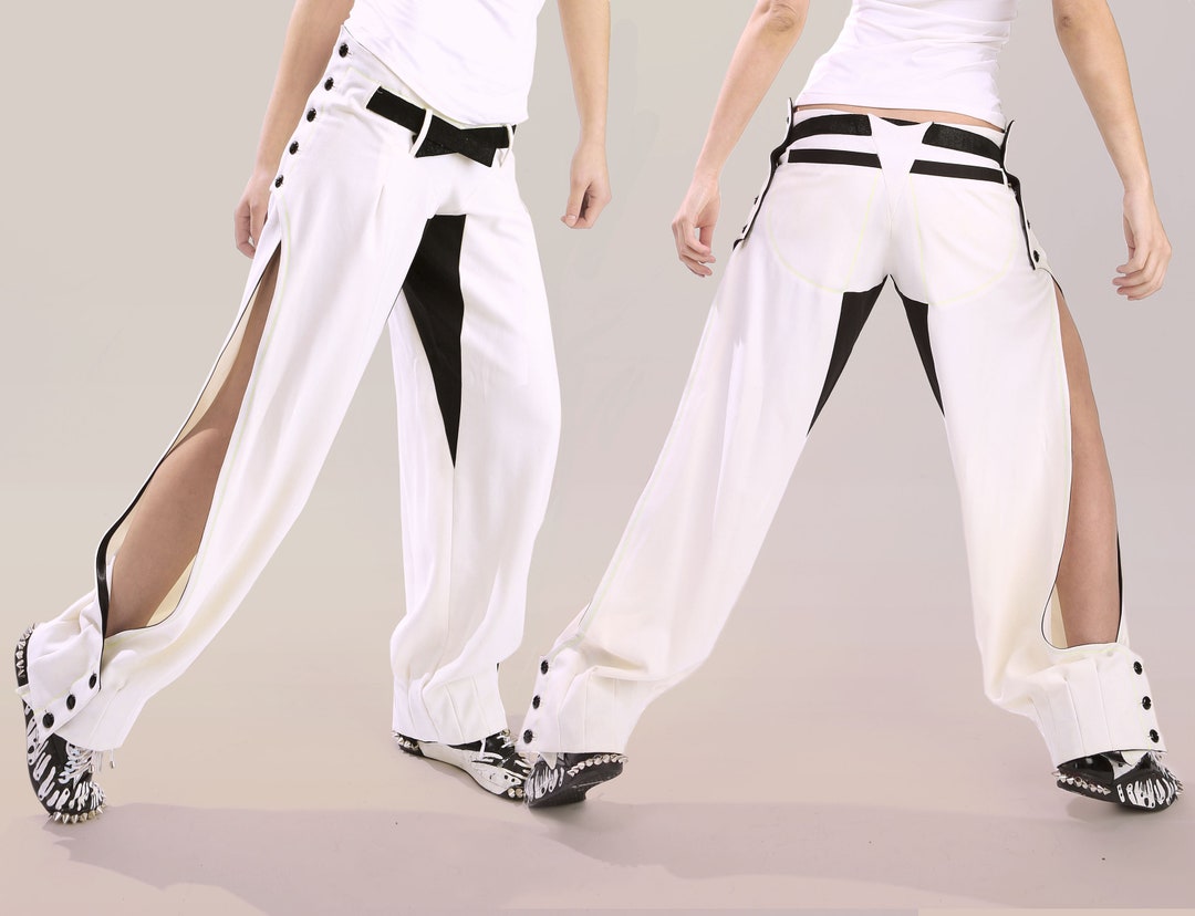 Wool Blend Side Slit Pants Open Legs White/black Buttons - Etsy