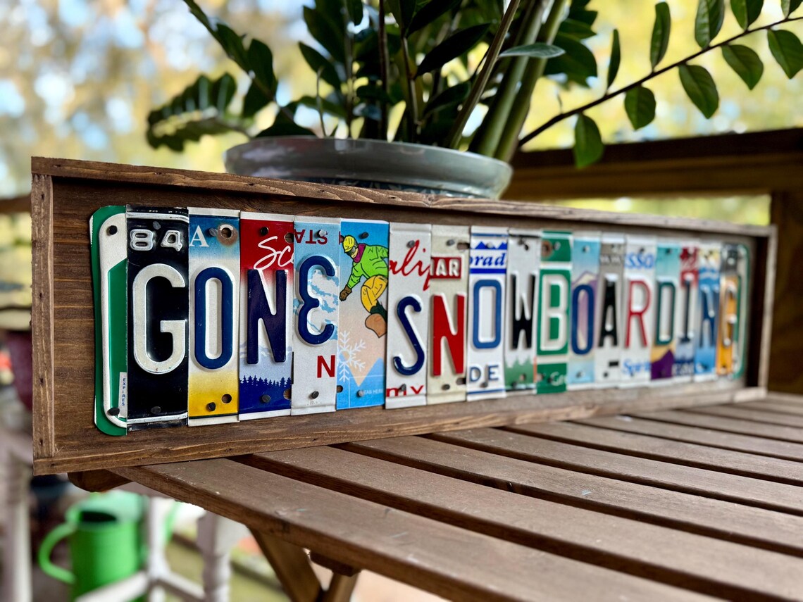 Gone Snowboarding Sign, License Plate Art, Skiing, Mountain Cabin Decor ...