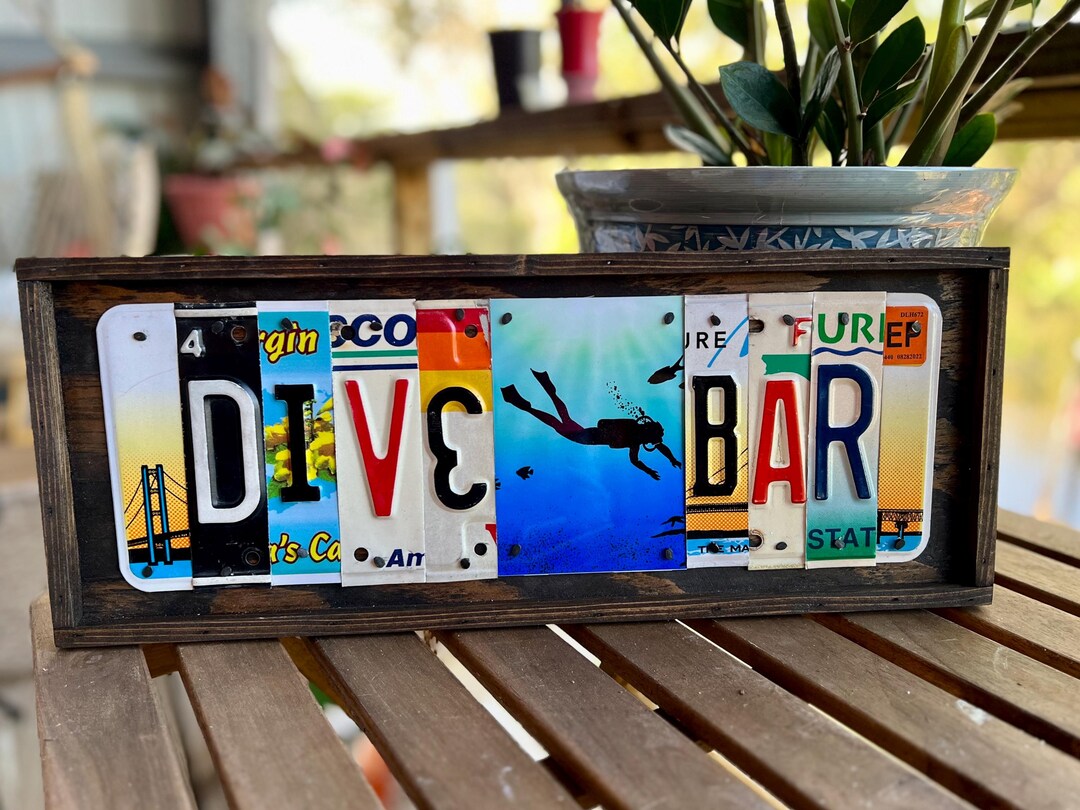 DIVE BAR Scuba Diver Down Flag License Plate Sign Art Rustic Cabin ...
