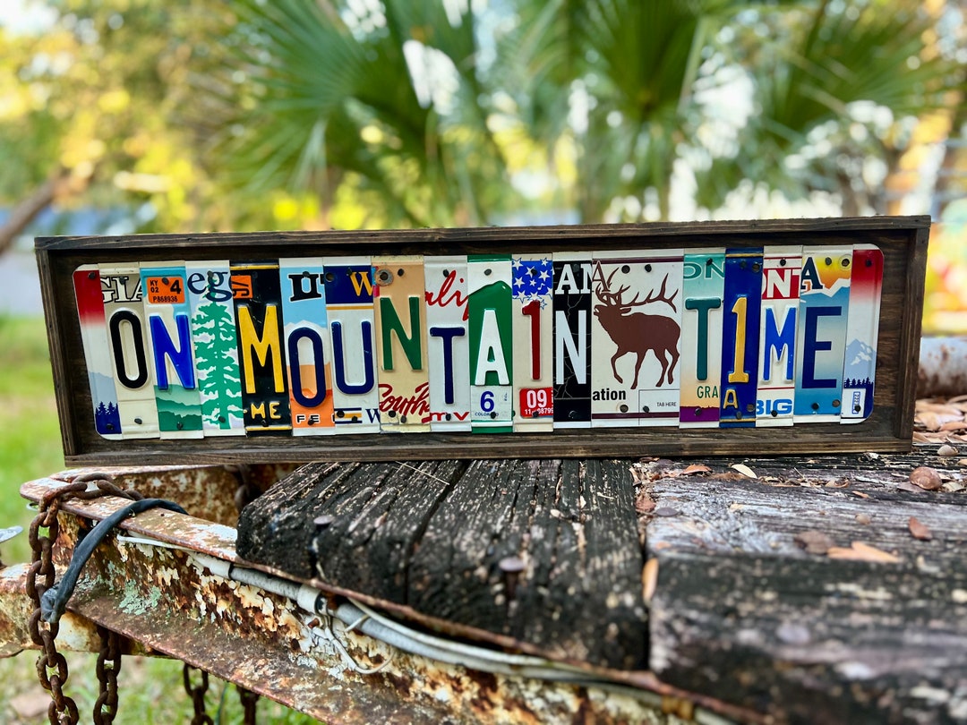 On Mountain Time License Plate Sign, Rustic Ski Cabin Decor ...