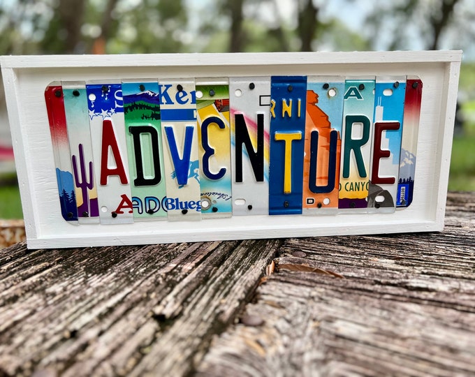 Adventure License Plate Sign, Travel Decor, Wanderlust Colorful Rustic ...