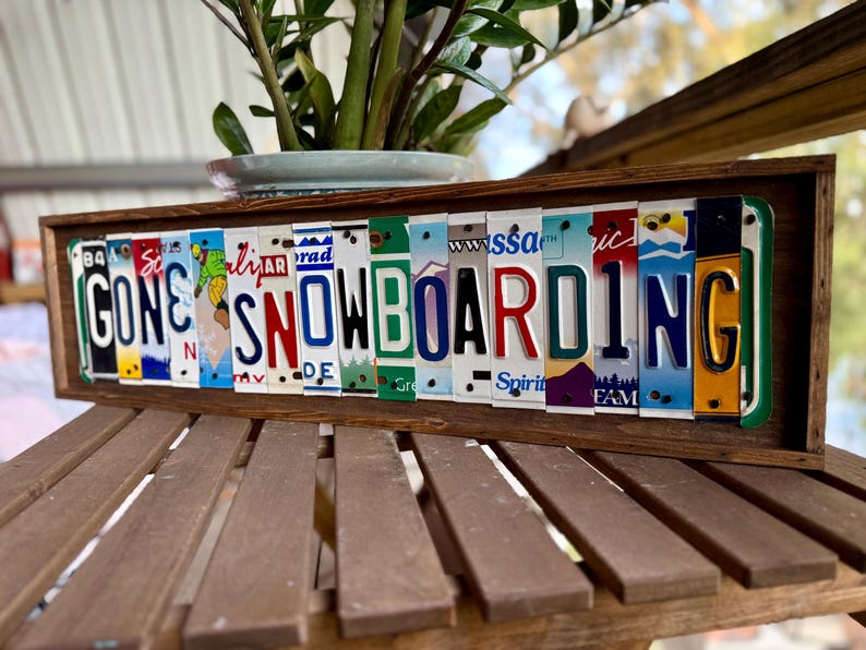 Gone Snowboarding Sign, License Plate Art, Skiing, Mountain Cabin Decor ...