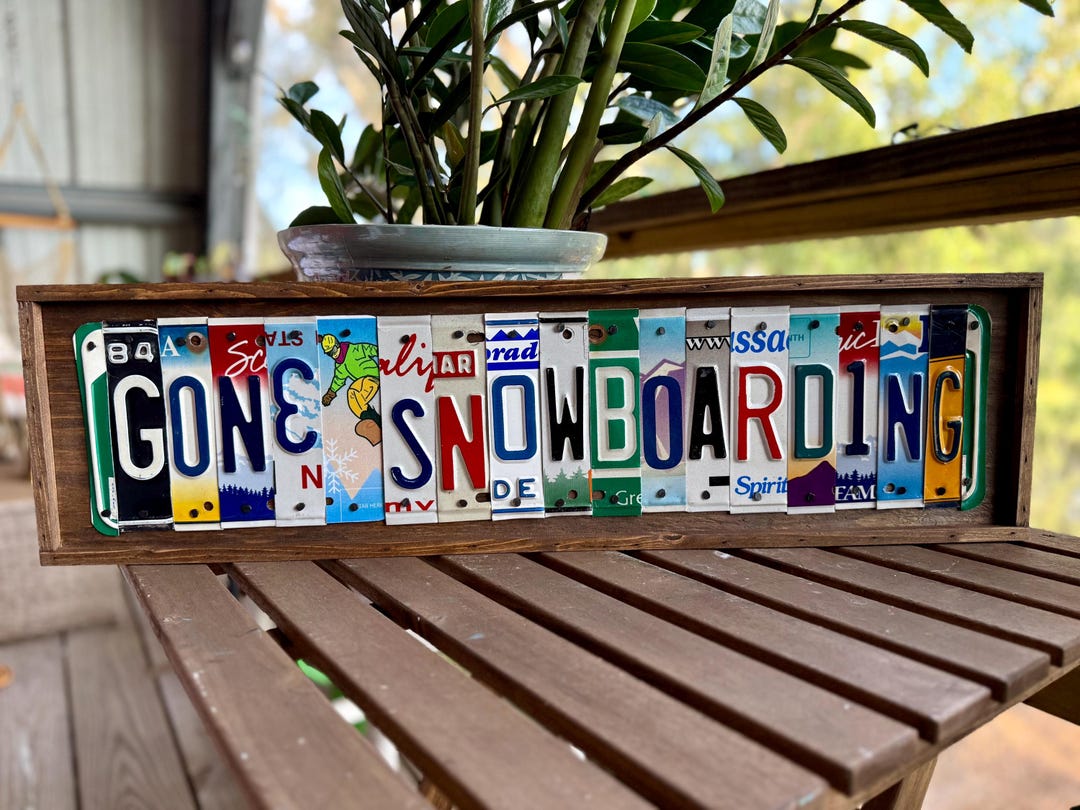 Gone Snowboarding Sign, License Plate Art, Skiing, Mountain Cabin Decor ...