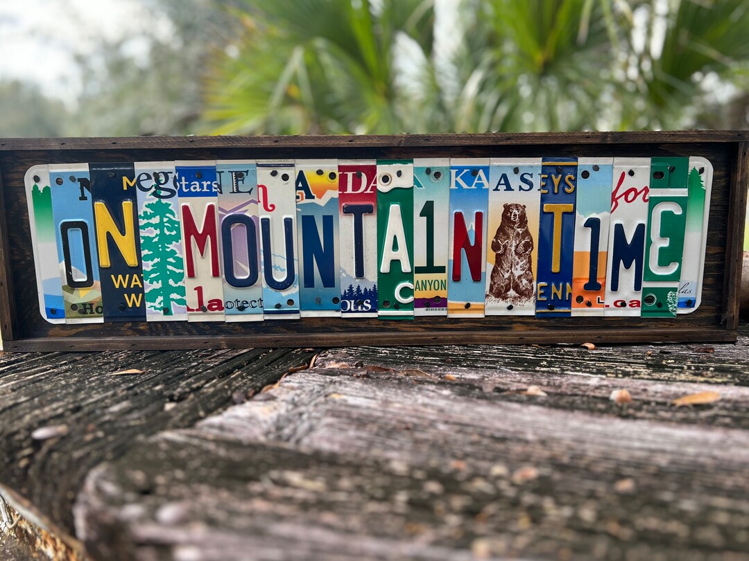 On Mountain Time License Plate Sign, Rustic Ski Cabin Decor ...