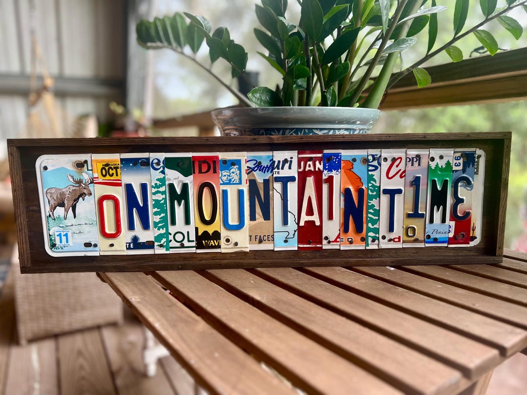 On Mountain Time License Plate Sign, Rustic Ski Cabin Decor ...