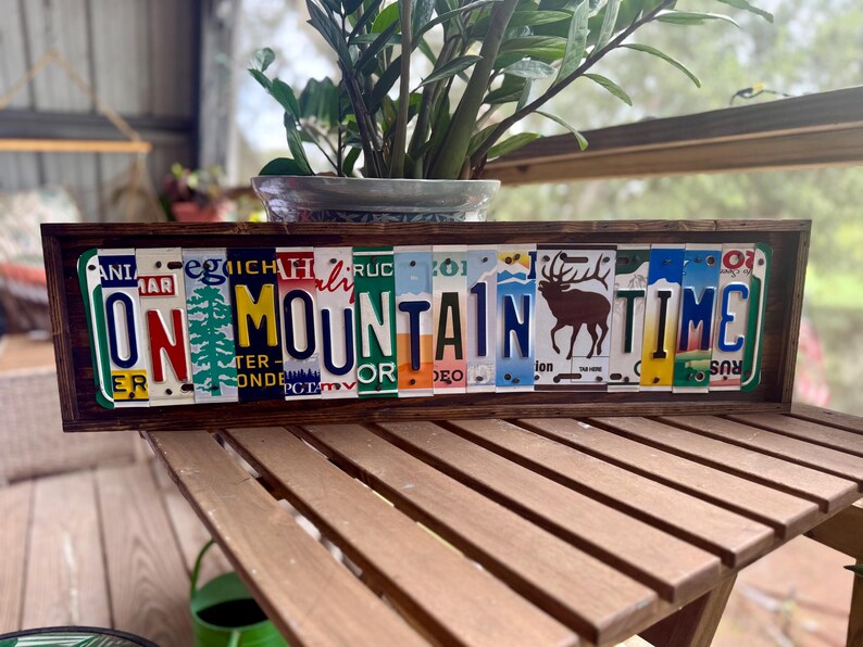 On Mountain Time License Plate Sign, Rustic Ski Cabin Decor ...