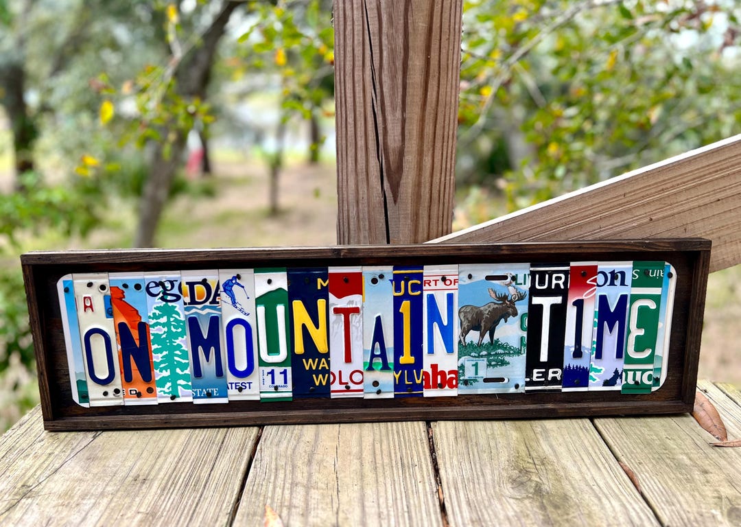 On Mountain Time License Plate Sign, Rustic Ski Cabin Decor ...