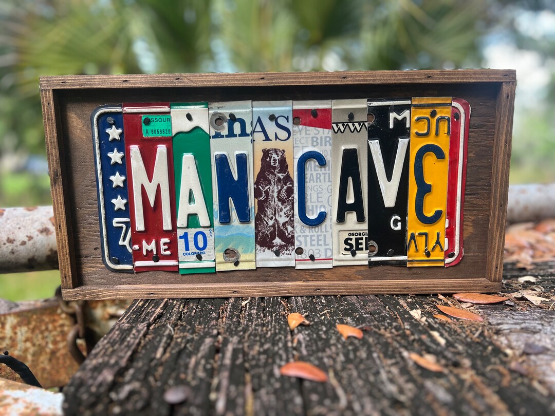 Man Cave License Plate Sign, Colorful Rustic Bar Decor, Entryway Wood ...