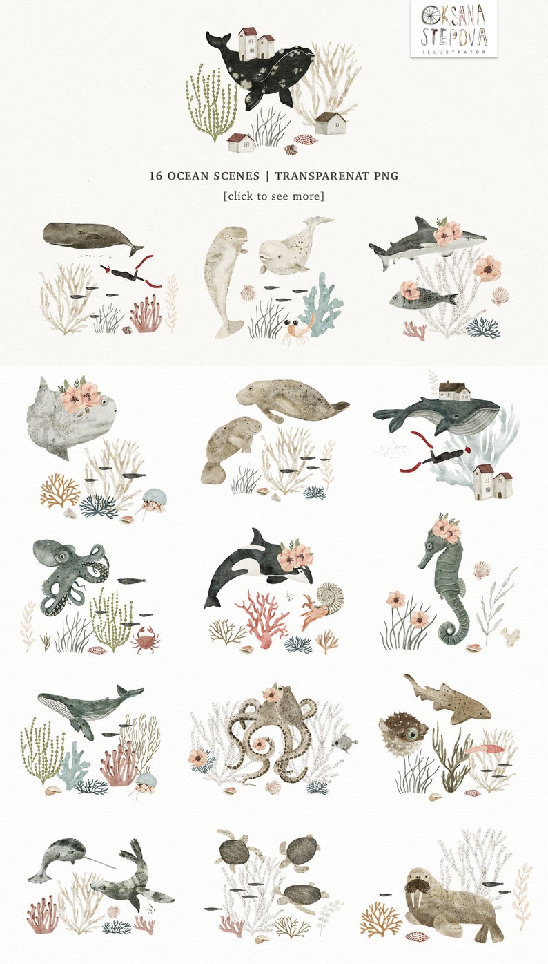 Hand Painted Ocean Clipart for Kids | Whimsical Marine Animals | Sea ...