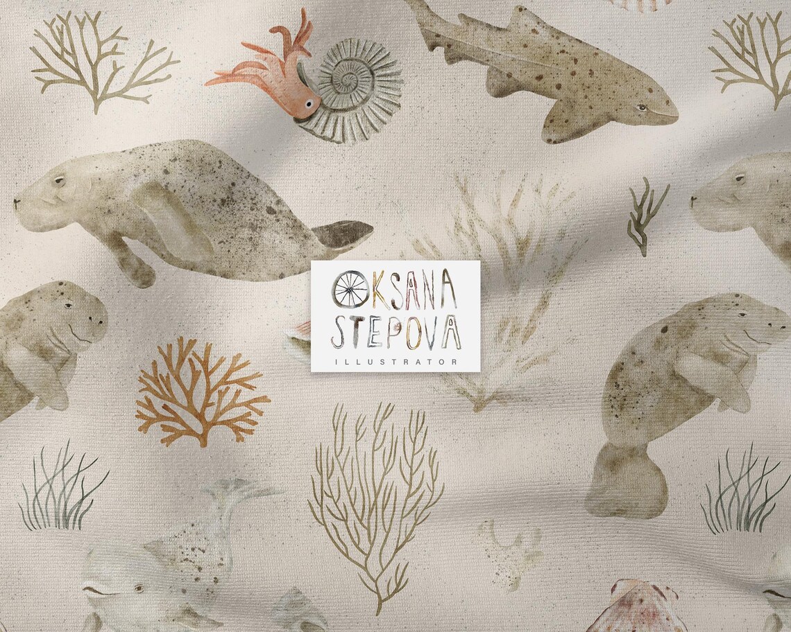 Manatees Seamless Pattern for Kids | Ocean Animals Digital Paper ...