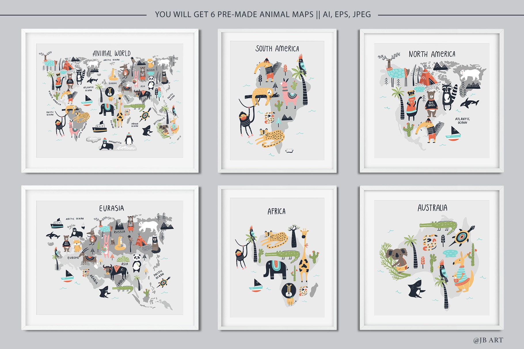 Illustrated Animal World Map Creator Clipart for Kids Nursery Wall Art ...