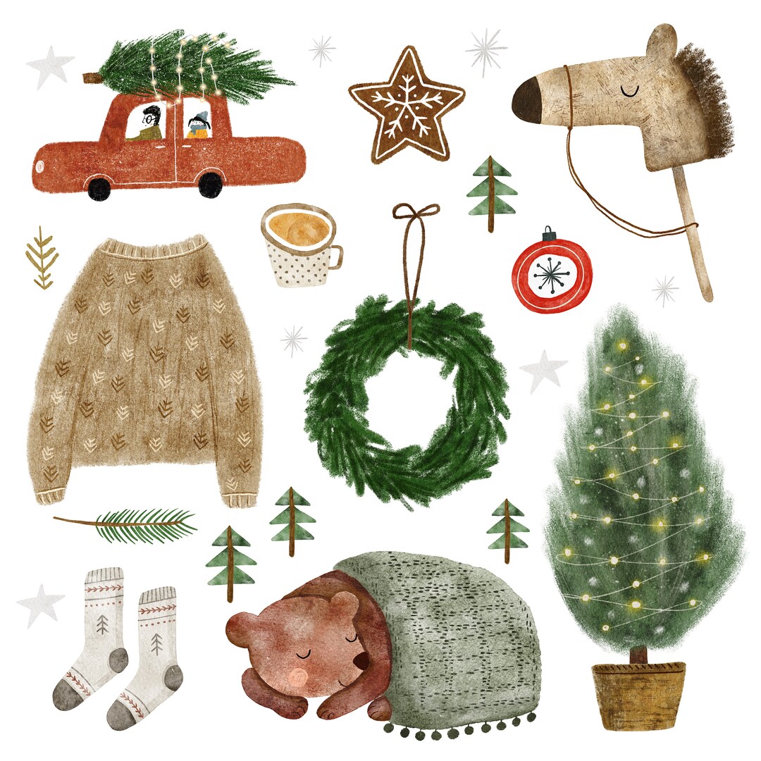 Cozy Christmas Kids Clipart | Winter Holiday Graphic Set | Festive Hand ...