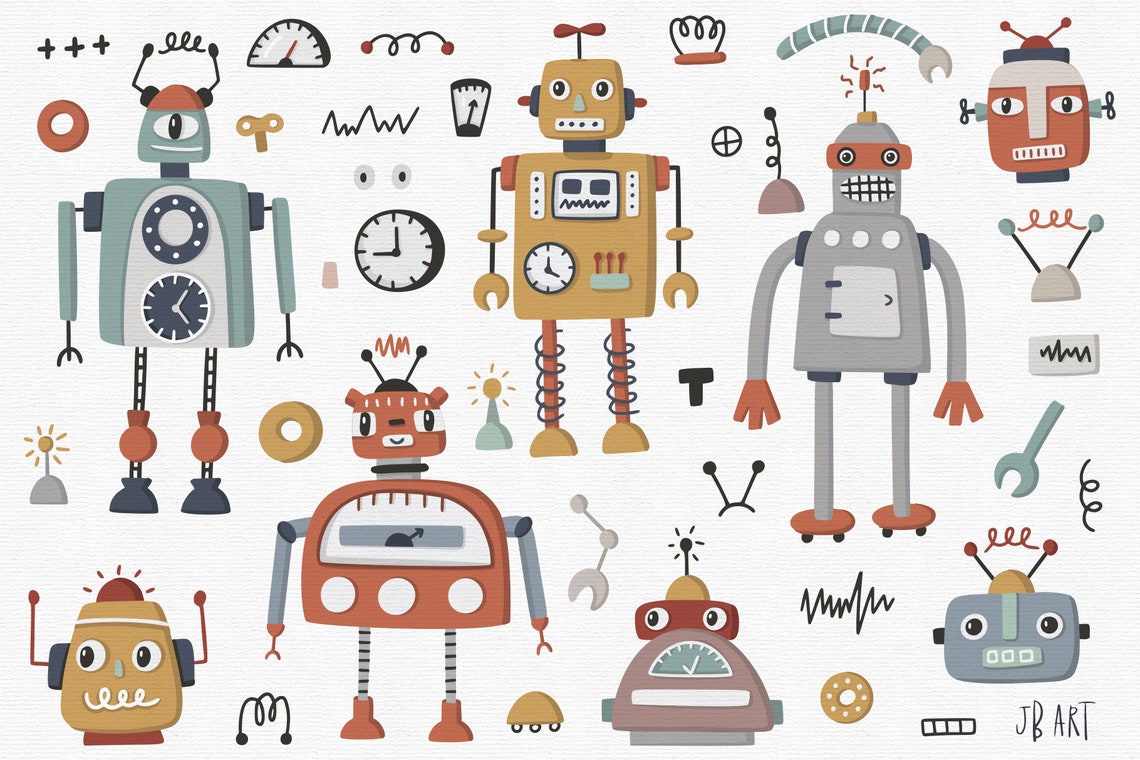 Robot Clipart Baby Digital Nursery Art Seamless Pattern Digital Paper ...